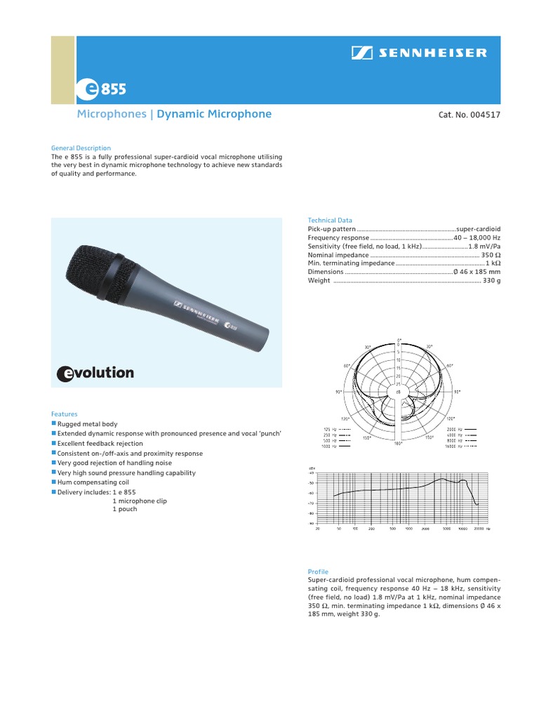 Sennheiser E855 - ProductSheet | PDF | Microphone | Sound Production