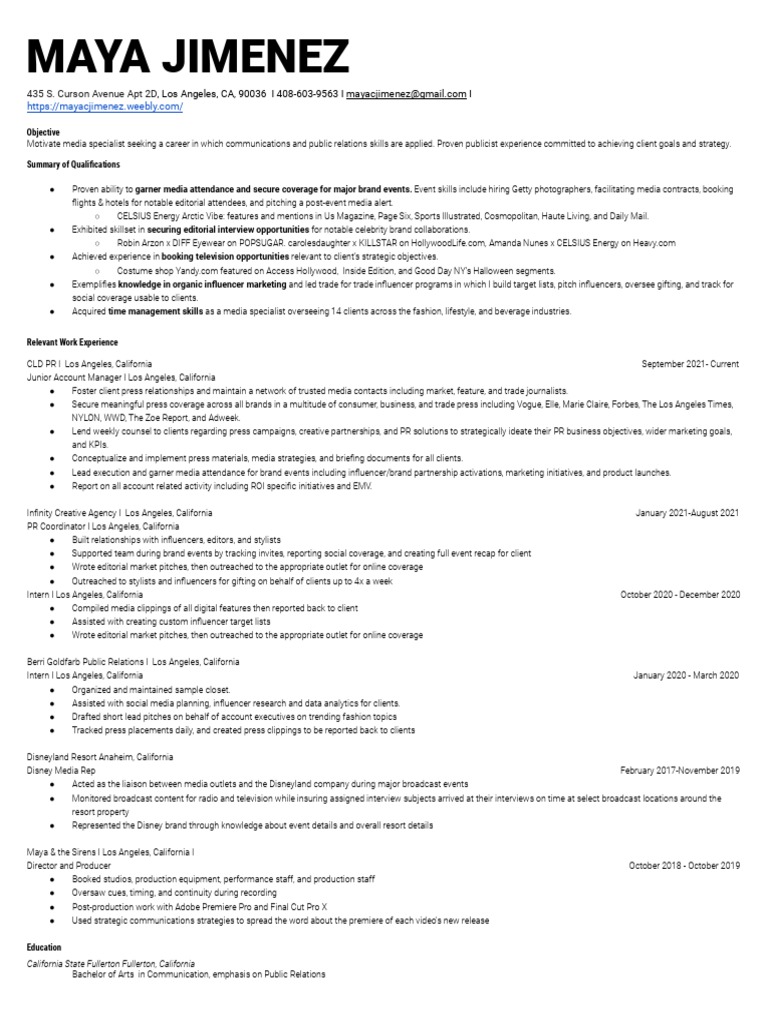 Maya Jimenez Resume 2022 | PDF | Brand | Public Relations