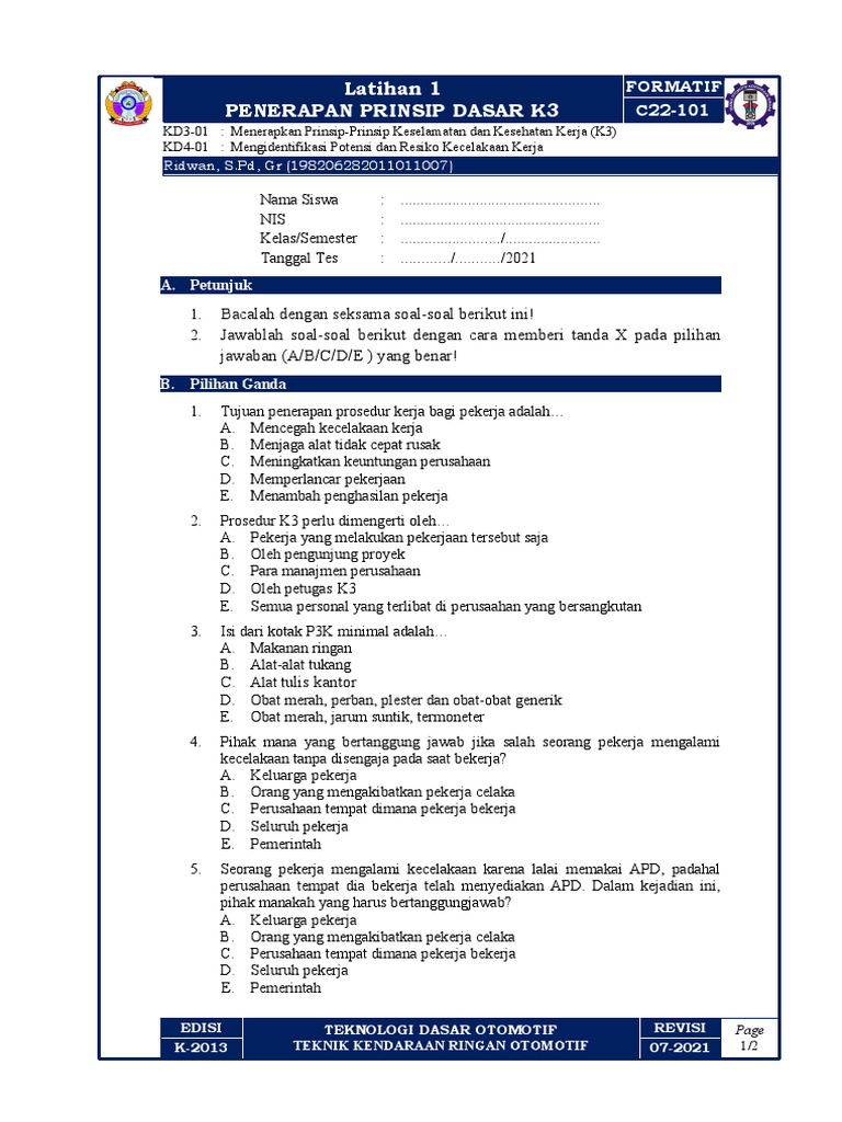 03-Latihan-C22-101 Penerapan Prinsip Dasar K3 | PDF