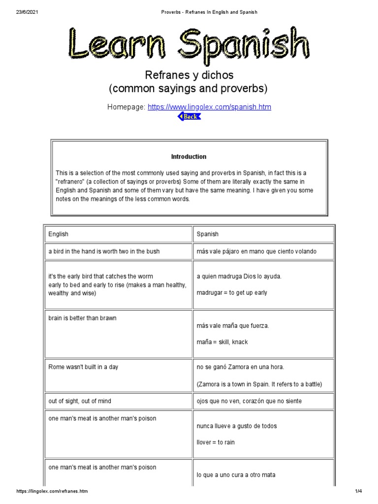 Proverbs - Refranes in English and Spanish | PDF