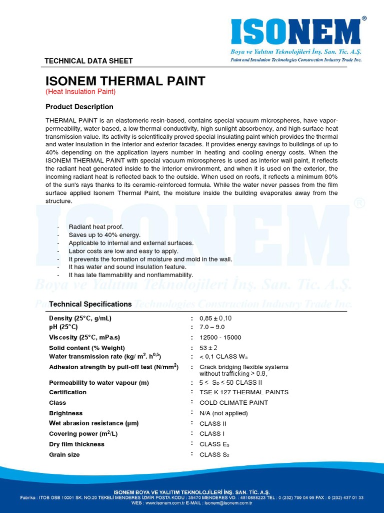 Isonem Thermal Paint: Technical Data Sheet | PDF | Building Insulation ...