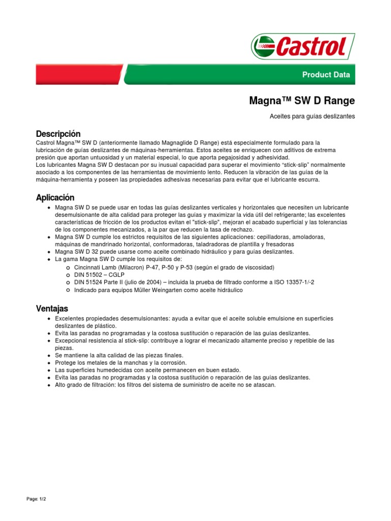 Ficha Tecnica - Castrol Magna SW | PDF | Lubricante | Herramienta de ...