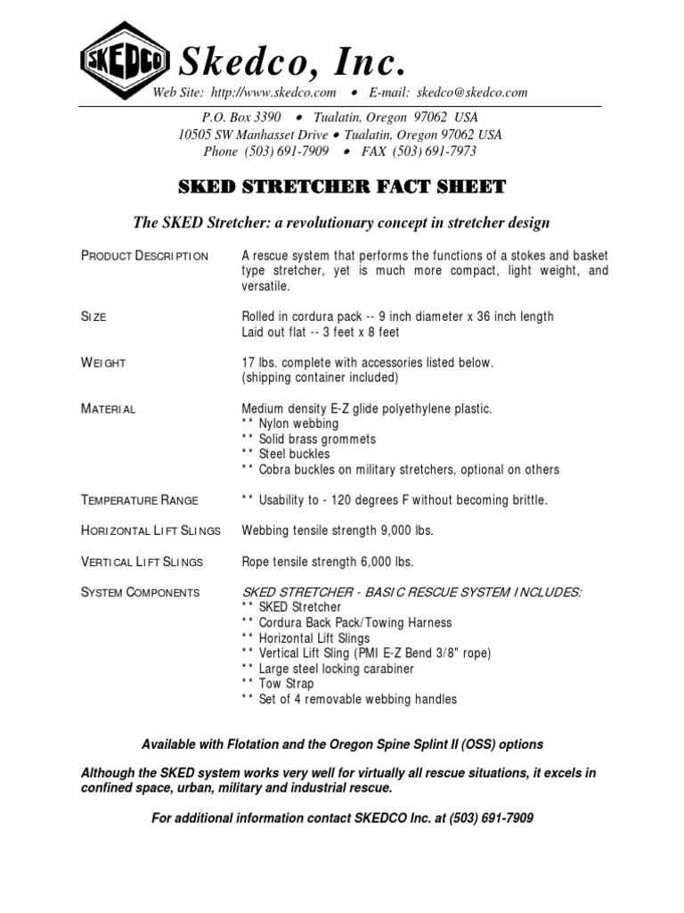 Skedco Inc Stretcher Fact Sheet Revolutionary Compact Lightweight ...