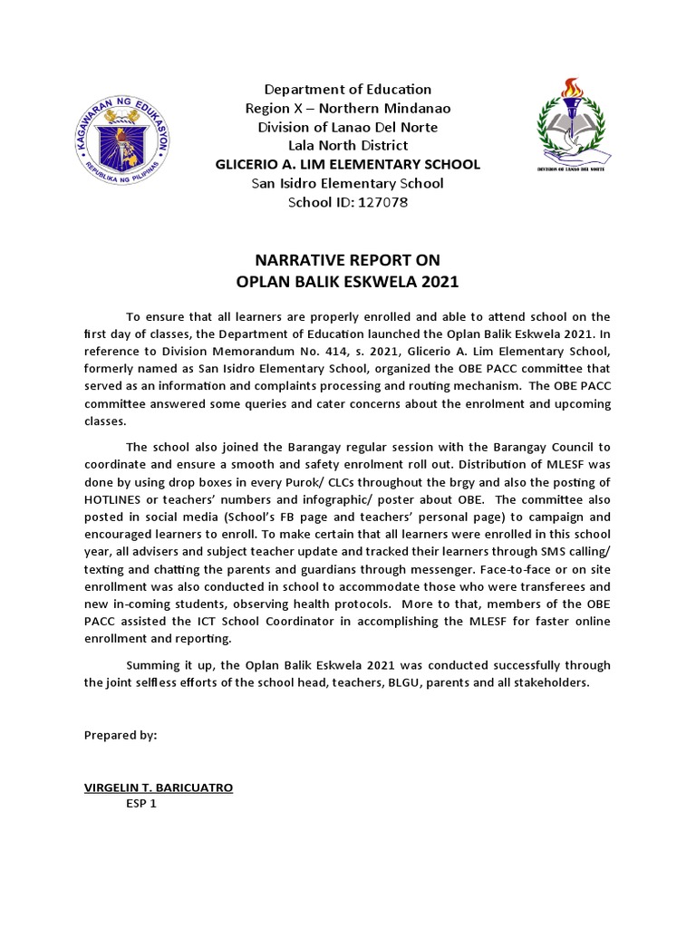 Narrative Report On Oplan Balik Eskwela 2021: Glicerio A. Lim ...