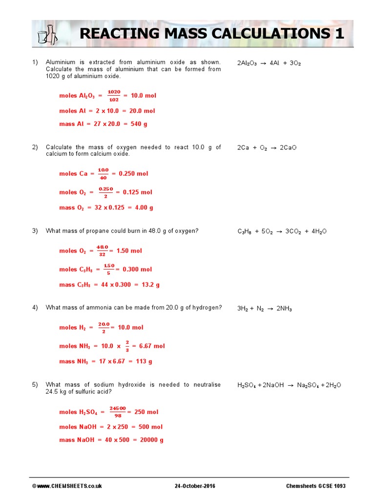 Chemsheets GCSE 1093 (Reacting Mass Calculations 1) ANS 09351 | PDF ...