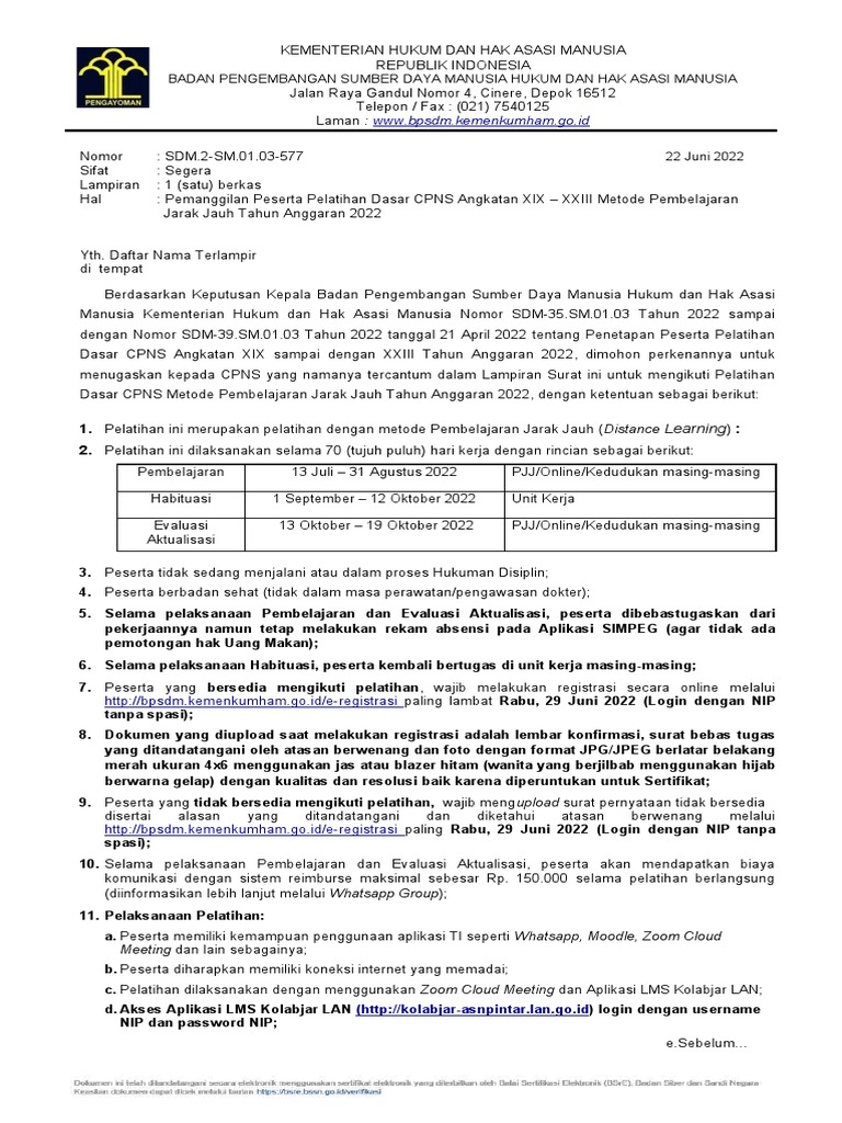 Surat Pemanggilan Peserta Latsar Gel IV Tahun 2022 | PDF