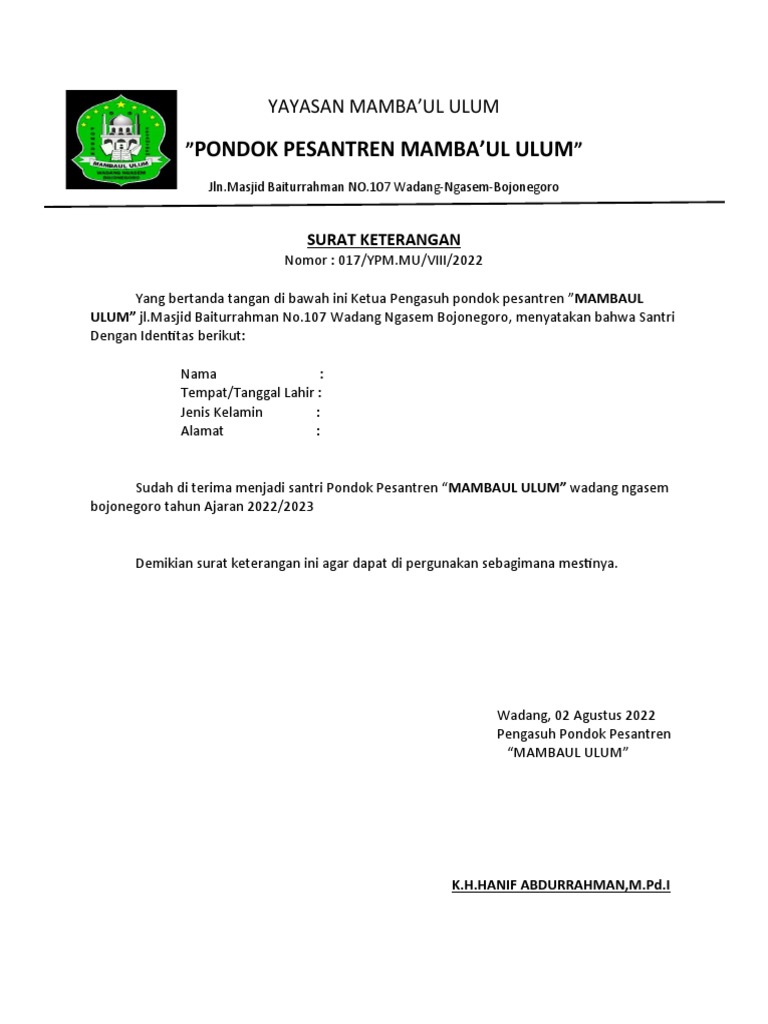 Surat Keterangan Pondok | PDF