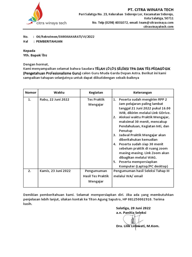Microsoft Word - Surat Pemberitahuan Seleksi GMGD Tahap 2 | PDF