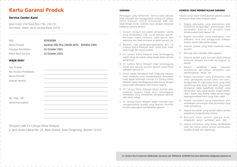 Kartu Garansi Produk SanDisk SSD | PDF