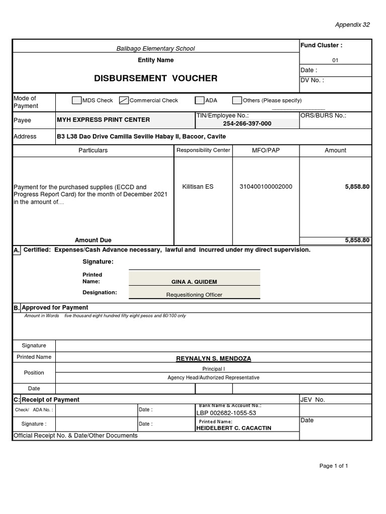 Disbursement Voucher: Appendix 32 | PDF | Payments | Cheque