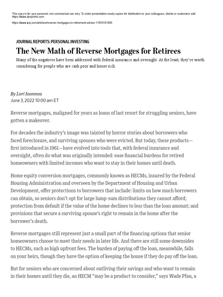 The New Math of Reverse Mortgages For Retirees - WSJ (June 2022) | PDF | Mortgage Loan ...