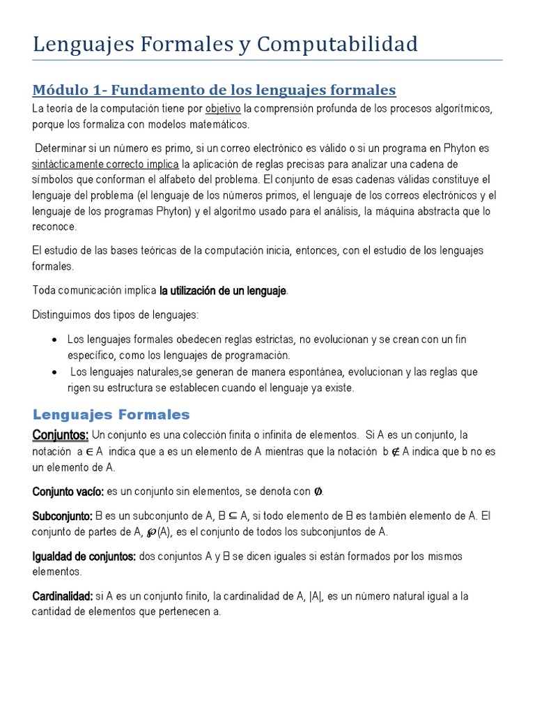 Lenguajes Formales y Computabilidad Resumen Modulo 1 | PDF | Conjunto ...