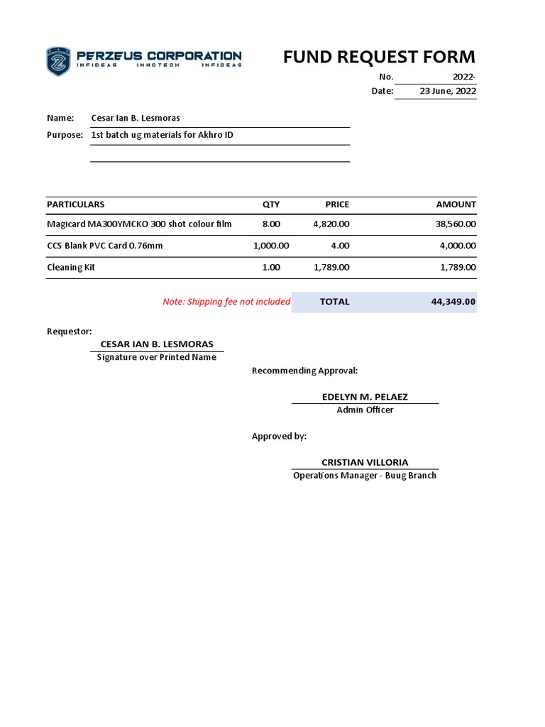 Fund Request Form - 1st Batch for AKRHO ID Materials | PDF