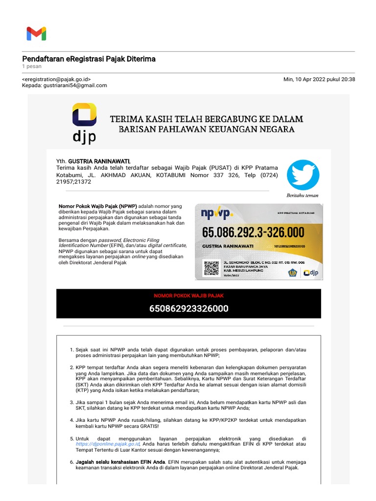 Gmail - Pendaftaran Eregistrasi Pajak Diterima | PDF