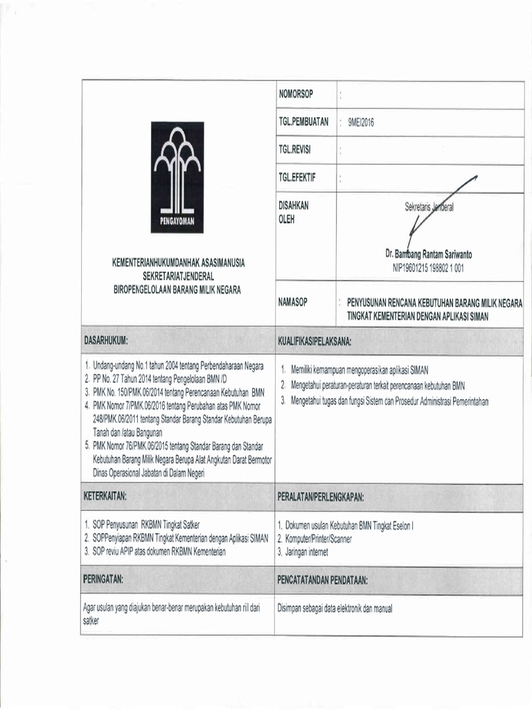 Sop Penyusunan Rencana Kebutuhan BMN Tingkat Kementerian Dengan ...