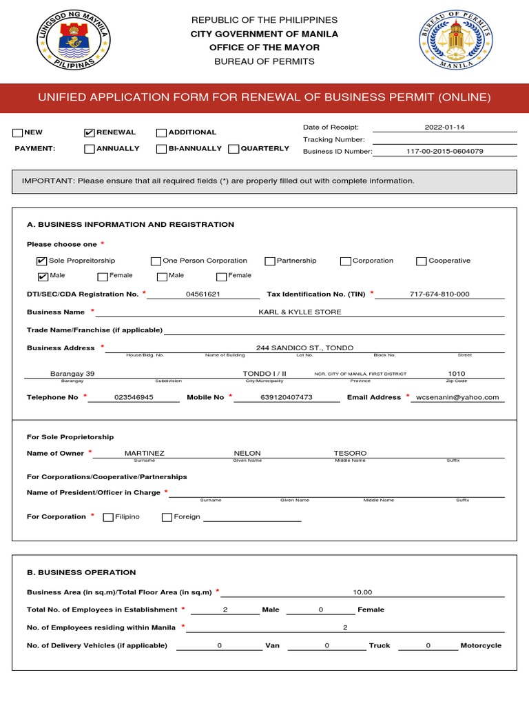 Manila Unified Business Permit Renewal Form | PDF | Sole Proprietorship ...