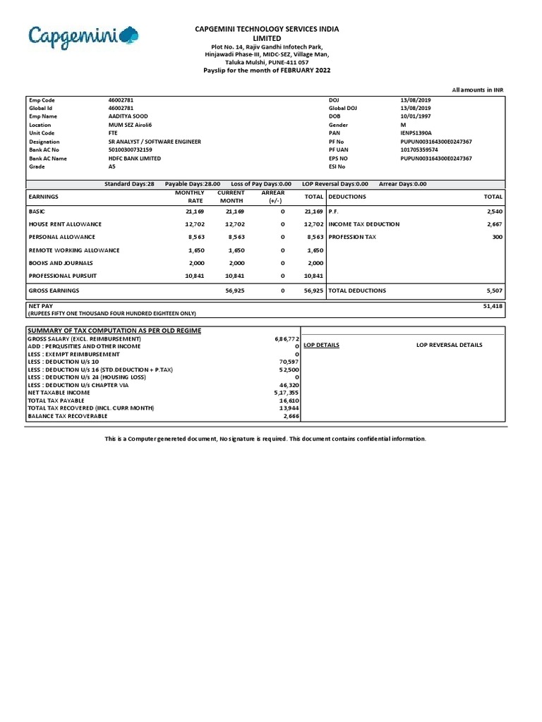 Payslip For The Month of FEBRUARY 2022: Capgemini Technology Services ...
