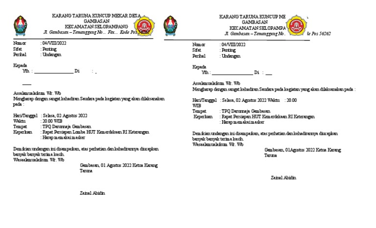 Undangan Rapat Karang Taruna HUT RI 2022 | PDF