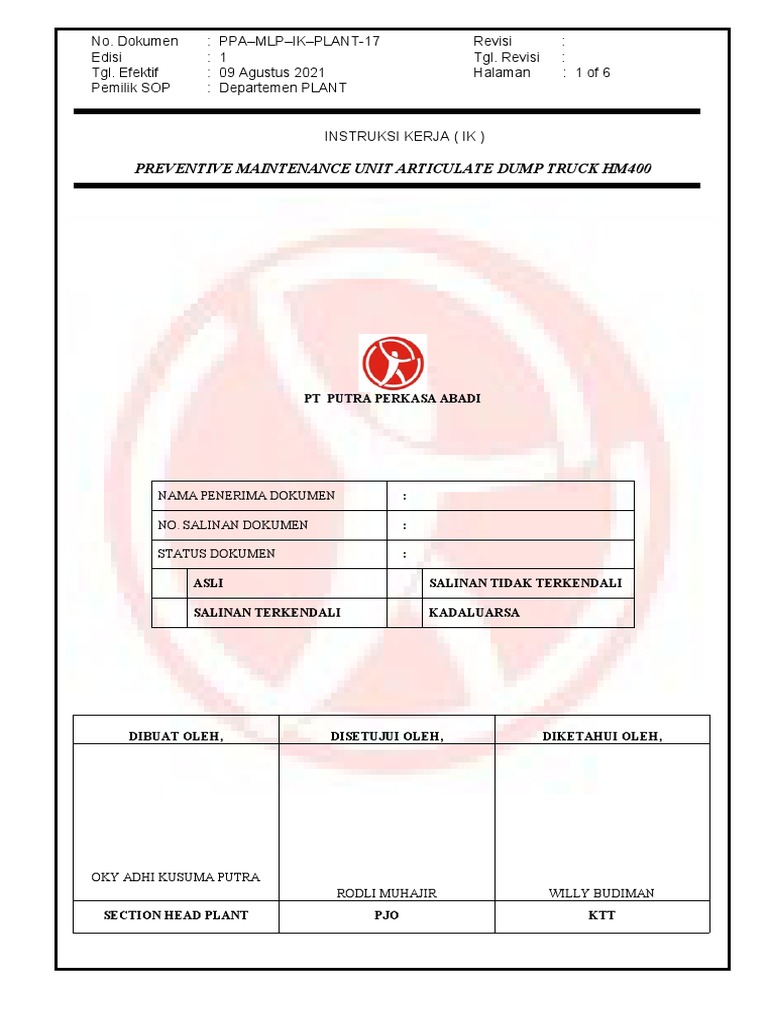 PPA - MLP - IK - PLANT 17. Preventive Maintenance Unit Dump Truck - Belum Di Print. | PDF