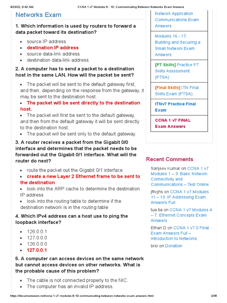 CCNA 1 v7 Modules 8 - 10 - Communicating Between Networks Exam Answers ...