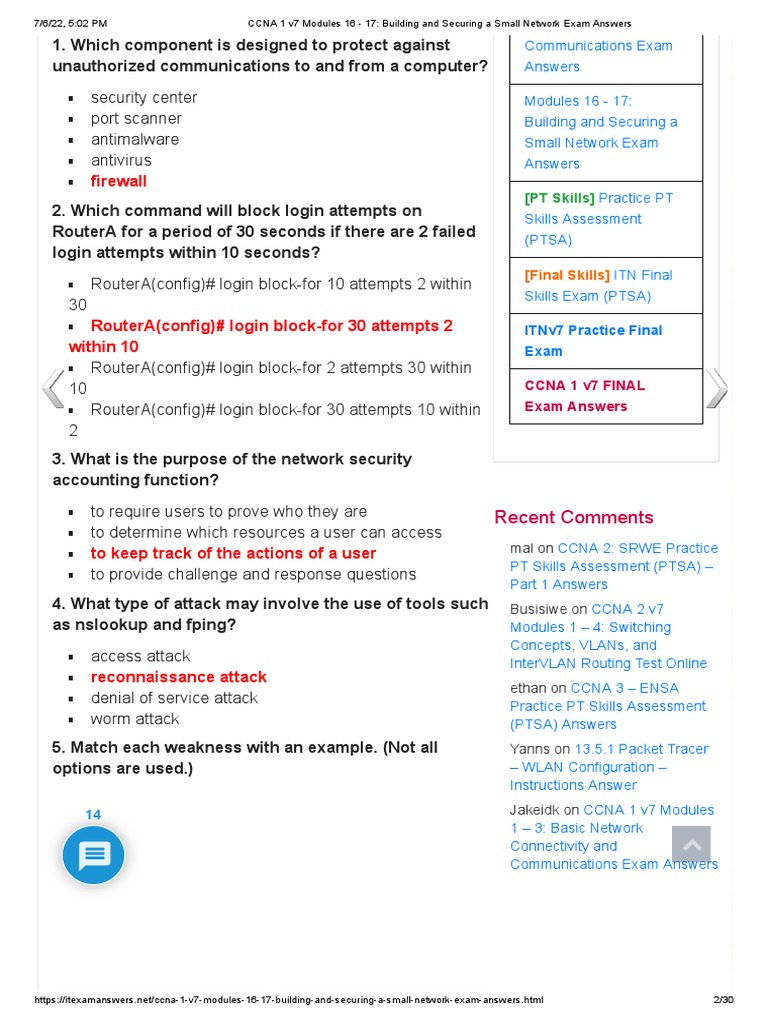 CCNA 1 v7 Modules 16 - 17 - Building and Securing A Small Network Exam Answers | PDF | Computer ...