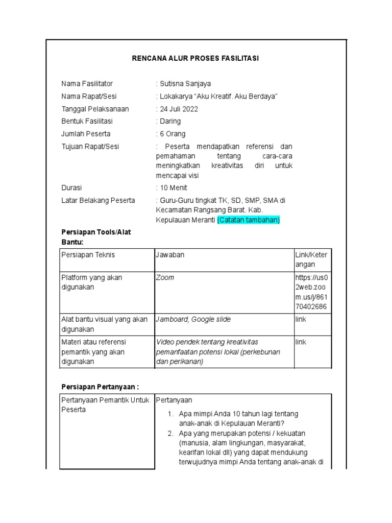 M3. Contoh Rencana Alur Proses Fasilitasi (Daring) | PDF