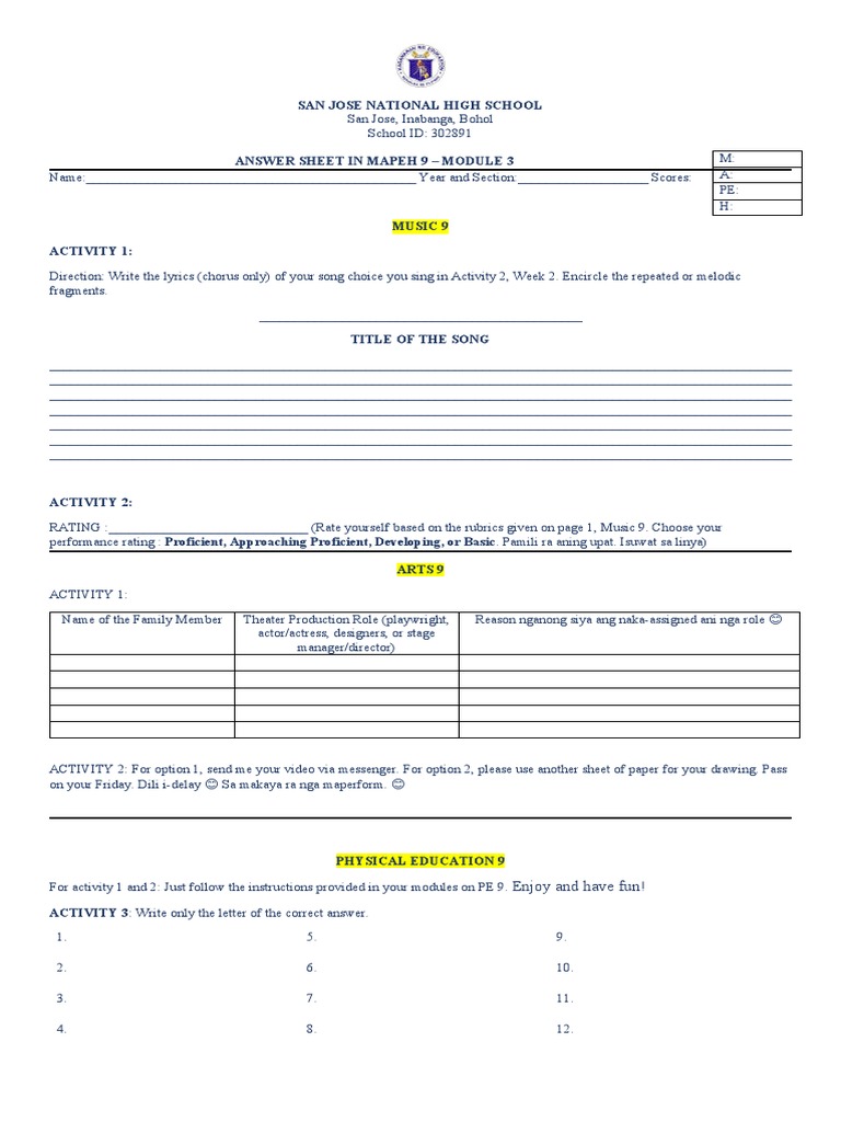 MAPEH Week 3 W4 Answer Sheet | PDF