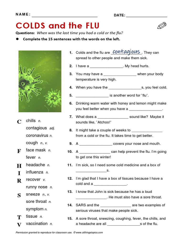 COLDS and The FLU: Complete The 15 Sentences With The Words On The Left ...