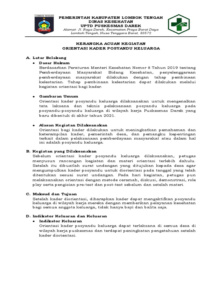 Kerangka Acuan Kegiatan Orientasi Kader Posyandu Keluarga | PDF