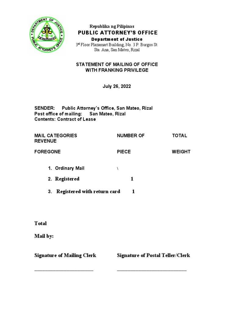 Statement of Mailing | PDF