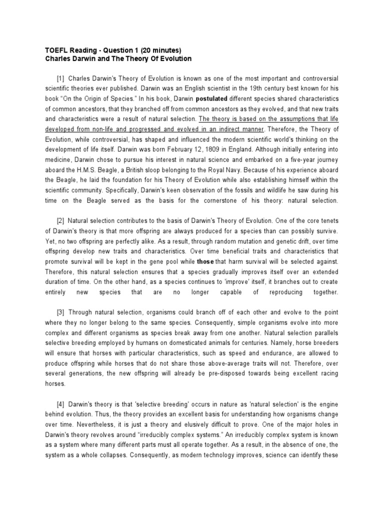 TOEFL Reading: Darwin's Evolution Theory | PDF | Natural Selection ...
