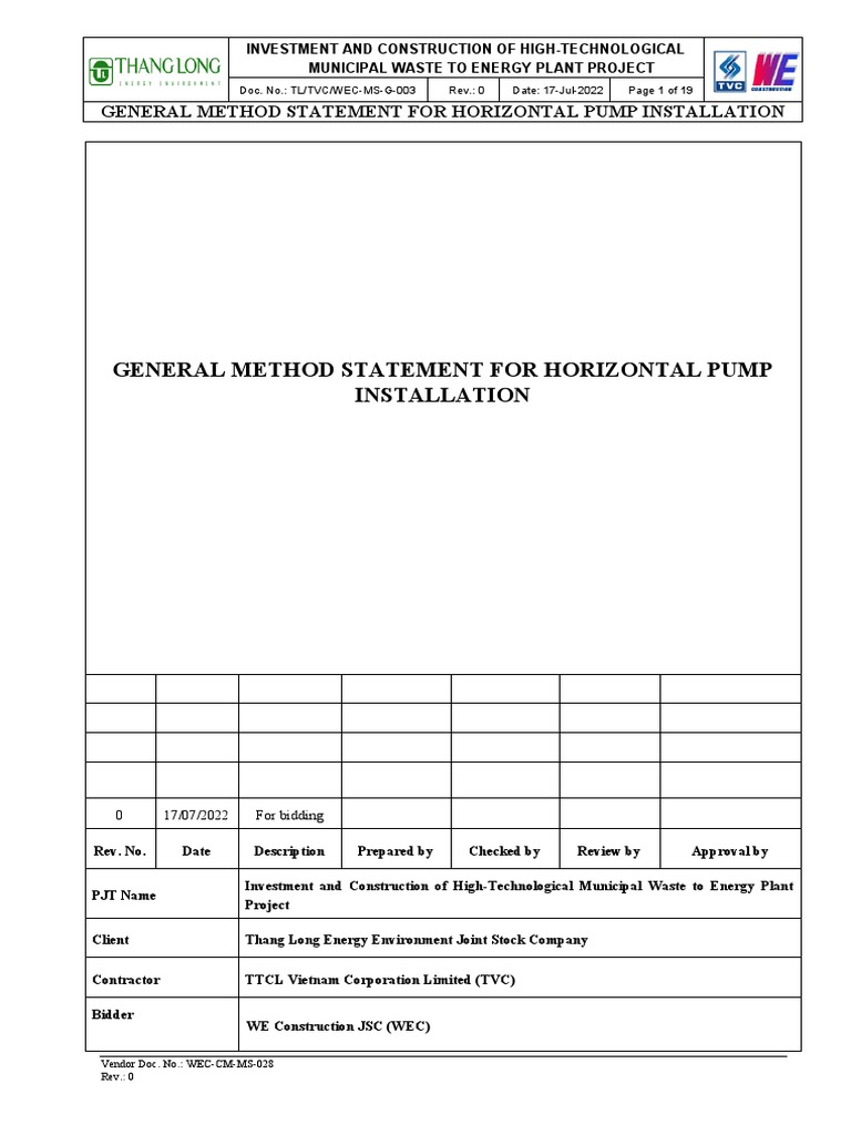 MS-G-003 - General Method Statement For Horizontal Pump | PDF | Screw ...
