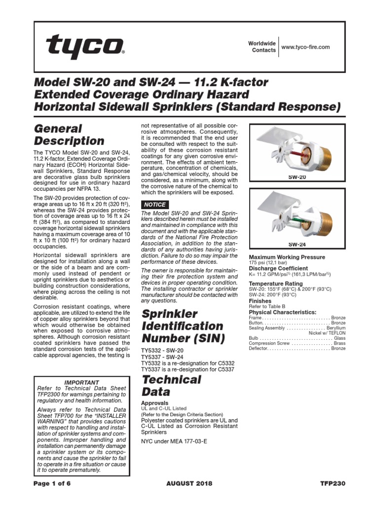 Model SW-20 and SW-24 - 11.2 K-Factor Extended Coverage Ordinary Hazard ...