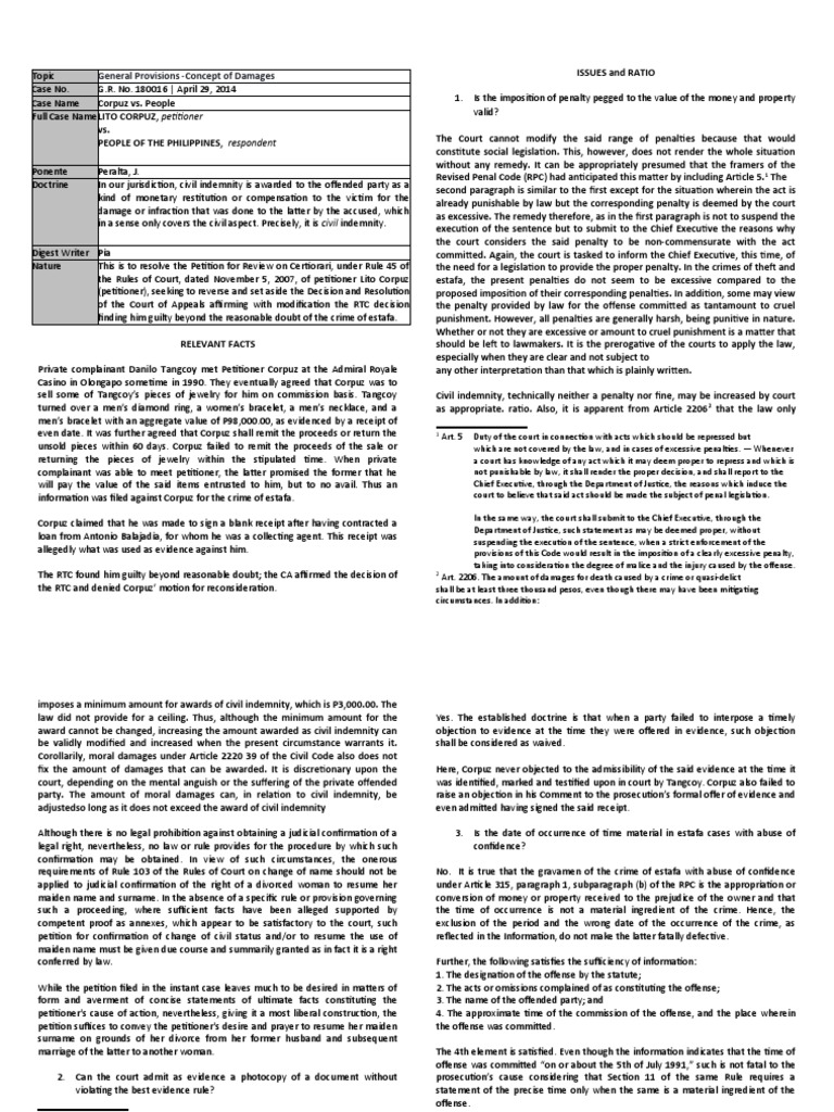 General Provisions on Damages and Penalties in Estafa Cases | PDF ...