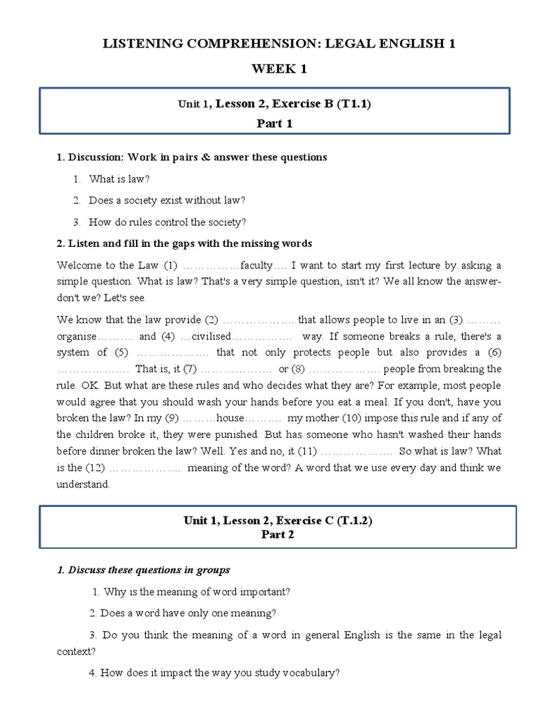 Listening Comprehension: Legal English 1 Week 1:, Lesson 2, Exercise B ...