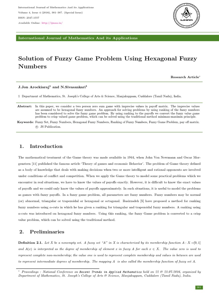 Hexagonal Fuzzy Numbers | PDF | Fuzzy Logic | Game Theory