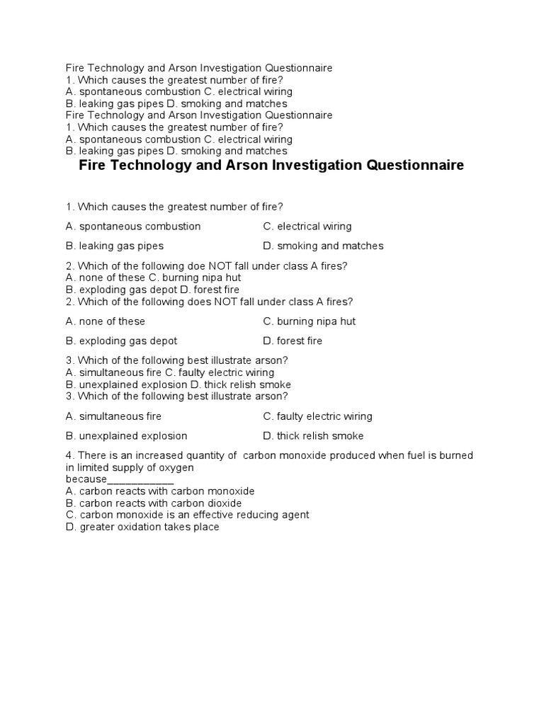 Fire Technology & Arson Quiz | PDF | Fires | Combustion