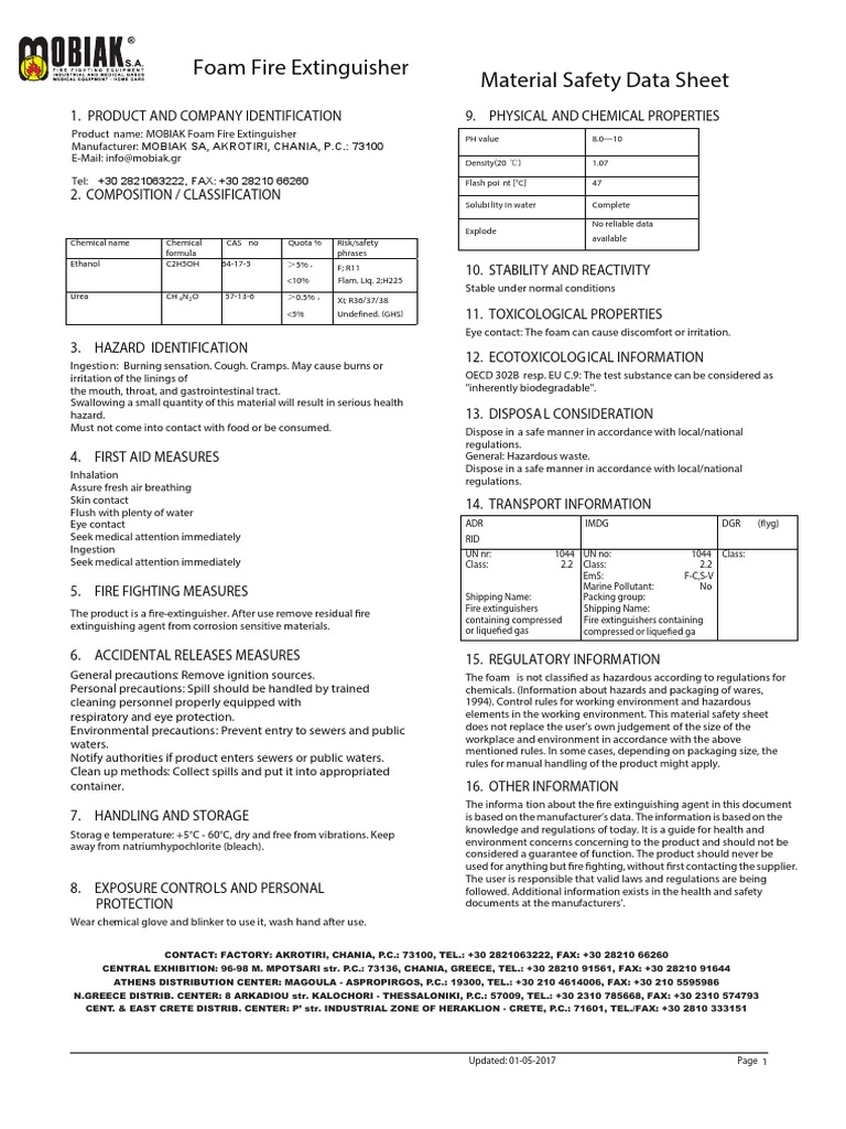 Foam Fire Extinguisher Material Safety Data Sheet | PDF | Fires | Water