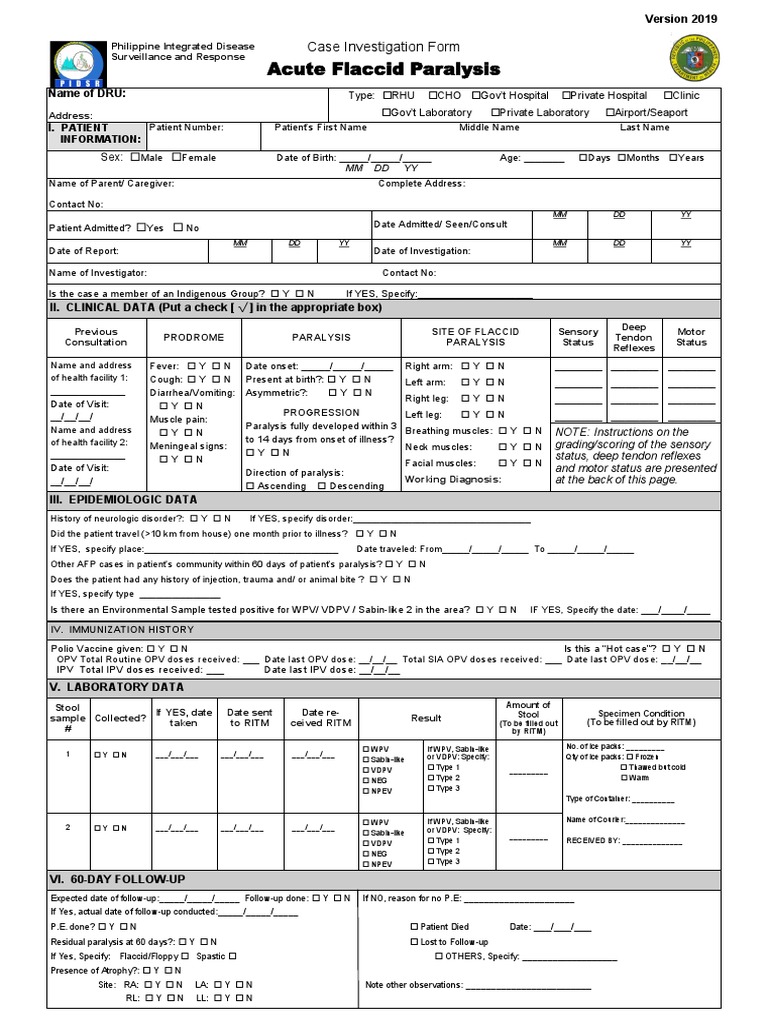 Acute Flaccid Paralysis: Case Investigation Form | PDF | Diseases And ...