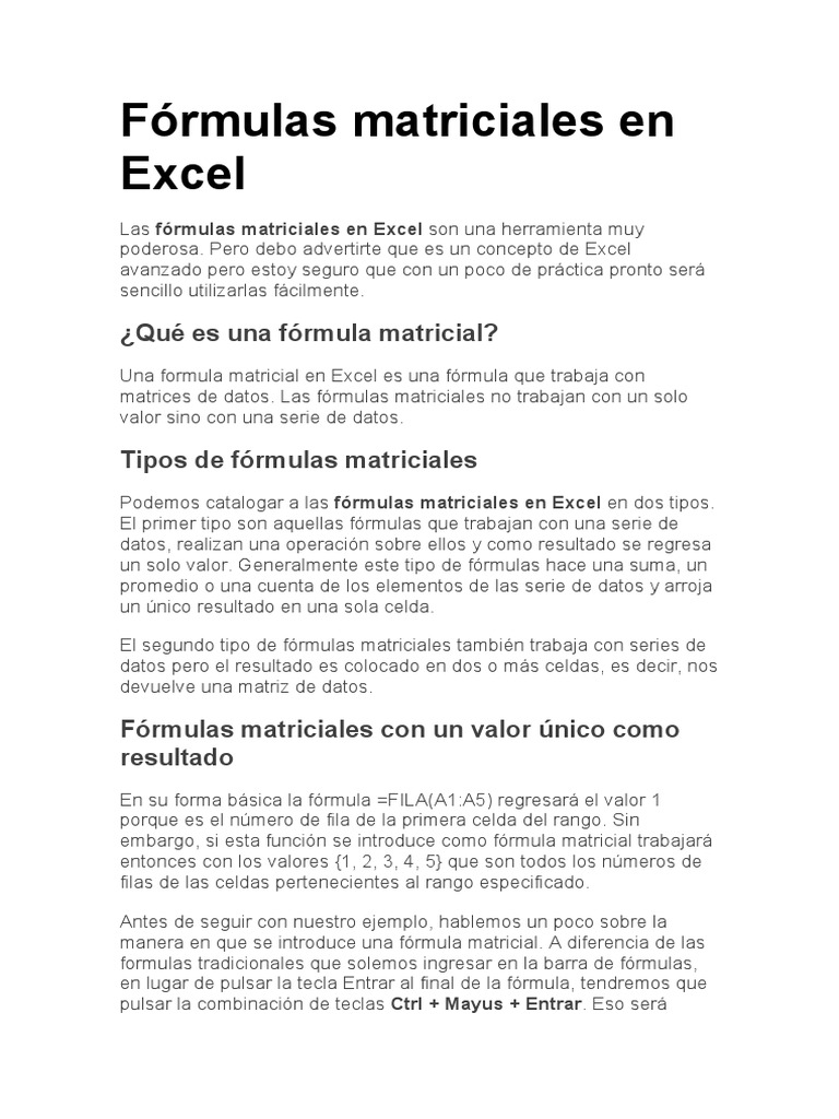 Fórmulas Matriciales en Excel | PDF | Matriz (Matemáticas) | Microsoft Excel