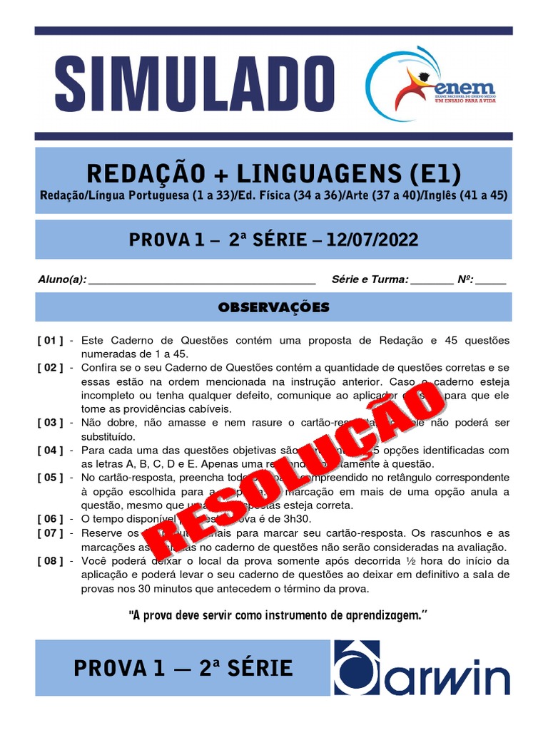 Gabarito p1 Simulado Enem Linguagens 2 Serie 2022 | PDF | Assunto (gramática) | Nicotina