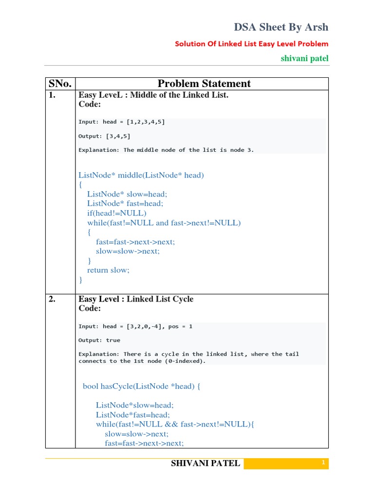 DSA Sheet by Arsh (Linked List Easy Level Solution) | PDF | Computer Programming | Computing