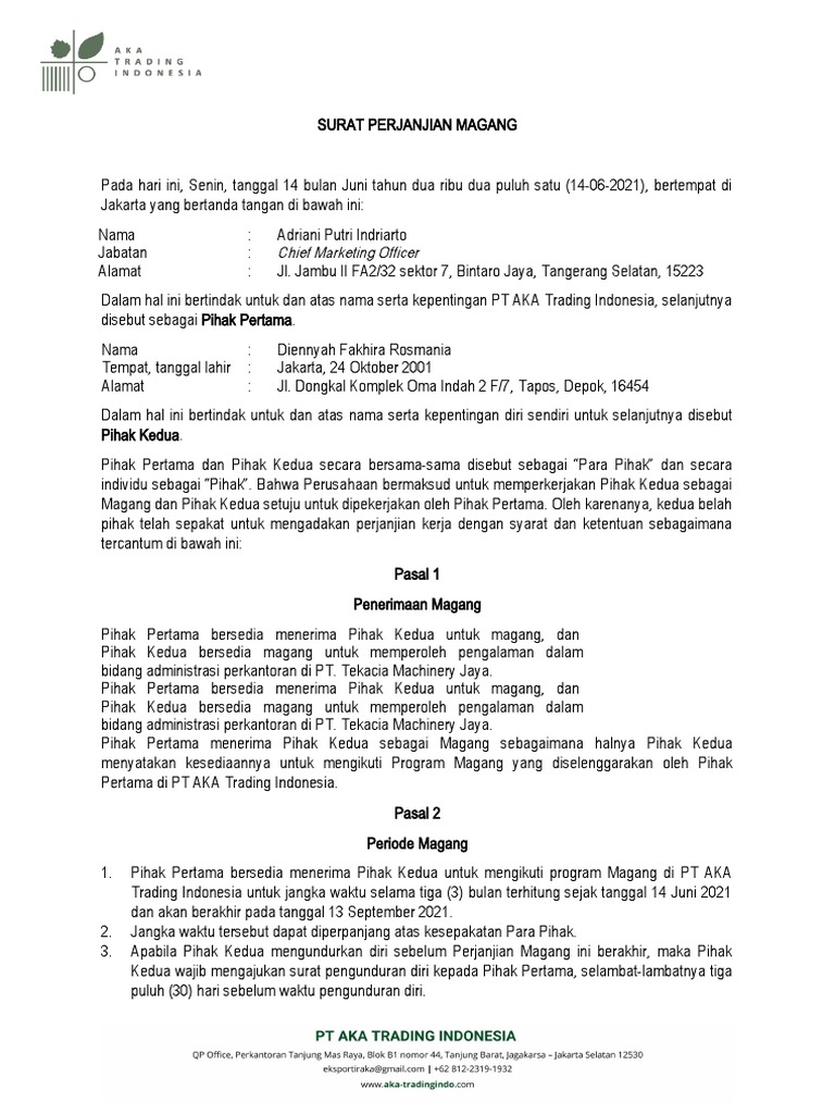 Perjanjian Magang PT AKA 2021 | PDF
