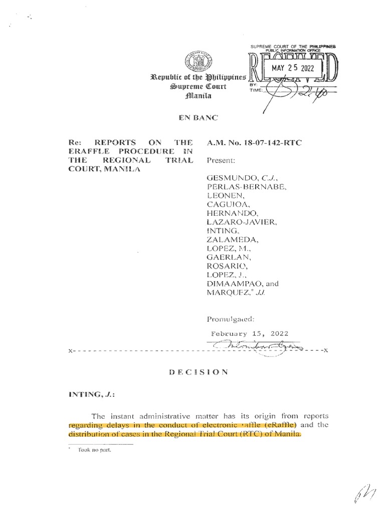 Re Reports On Eraffle Procedure in RTC Manila | PDF | Bail | Surety