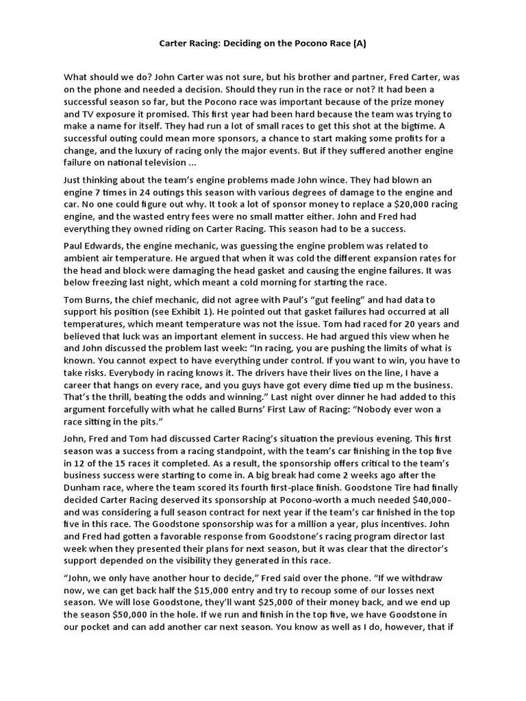 Carter Racing: Deciding On The Pocono Race (A) | PDF
