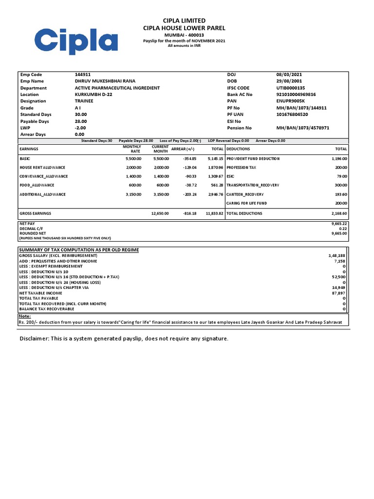 Cipla Limited Cipla House Lower Parel: Payslip For The Month of NOVEMBER 2021 | PDF | Tax ...