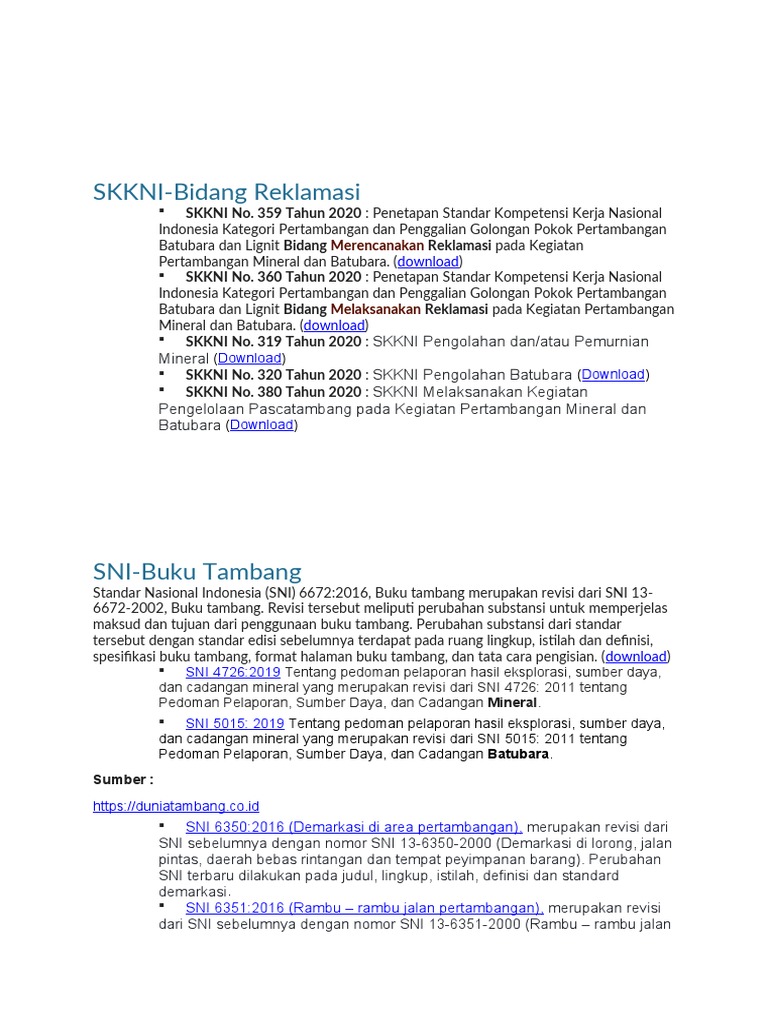 SKKNI dan SNI di Pertambangan | PDF