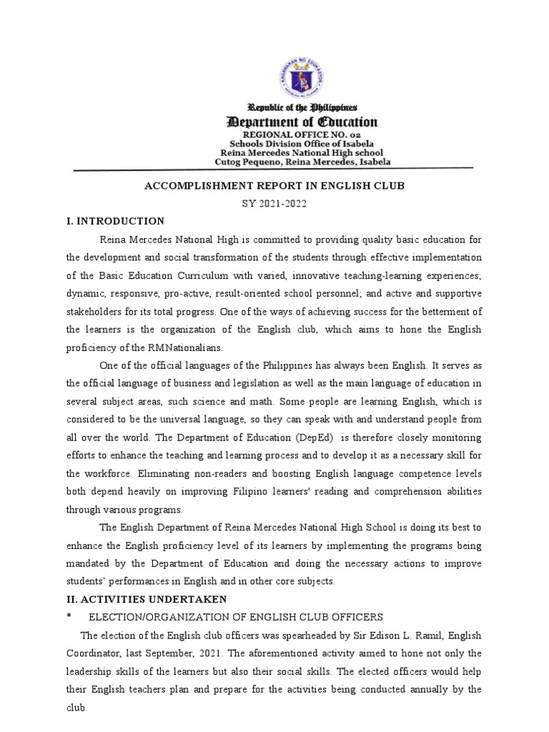 Report on the Accomplishments of the English Club of Reina Mercedes ...