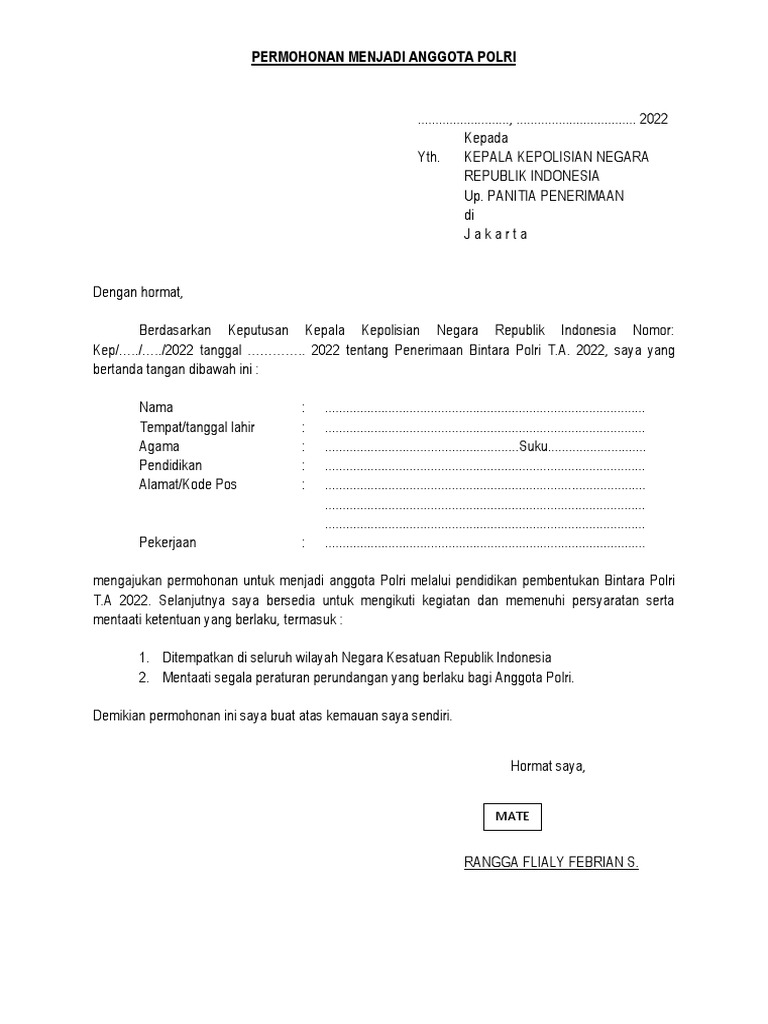 Contoh Permohonan Menjadi Anggota Polri | PDF