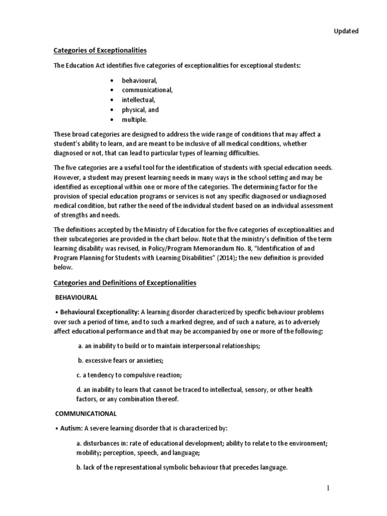 Special Education Plan Categories and Definitions of Exceptionalities ...